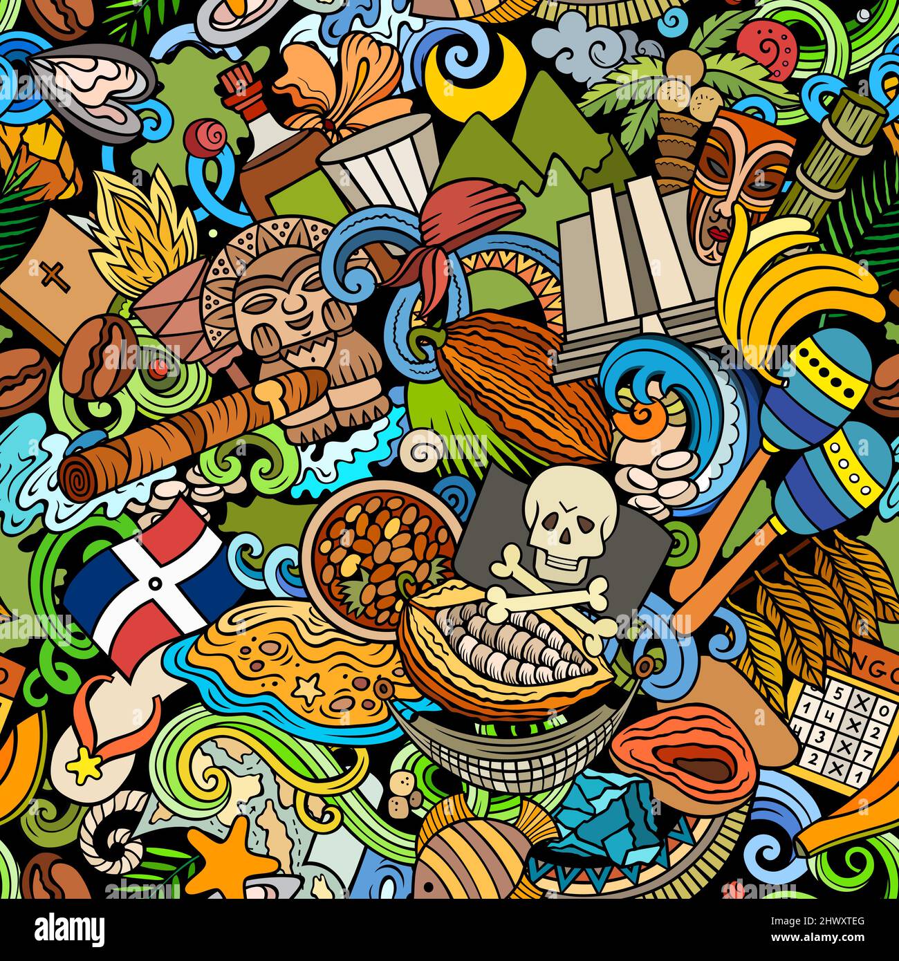 Cartoon doodles Dominican Republic seamless pattern. Backdrop with ...