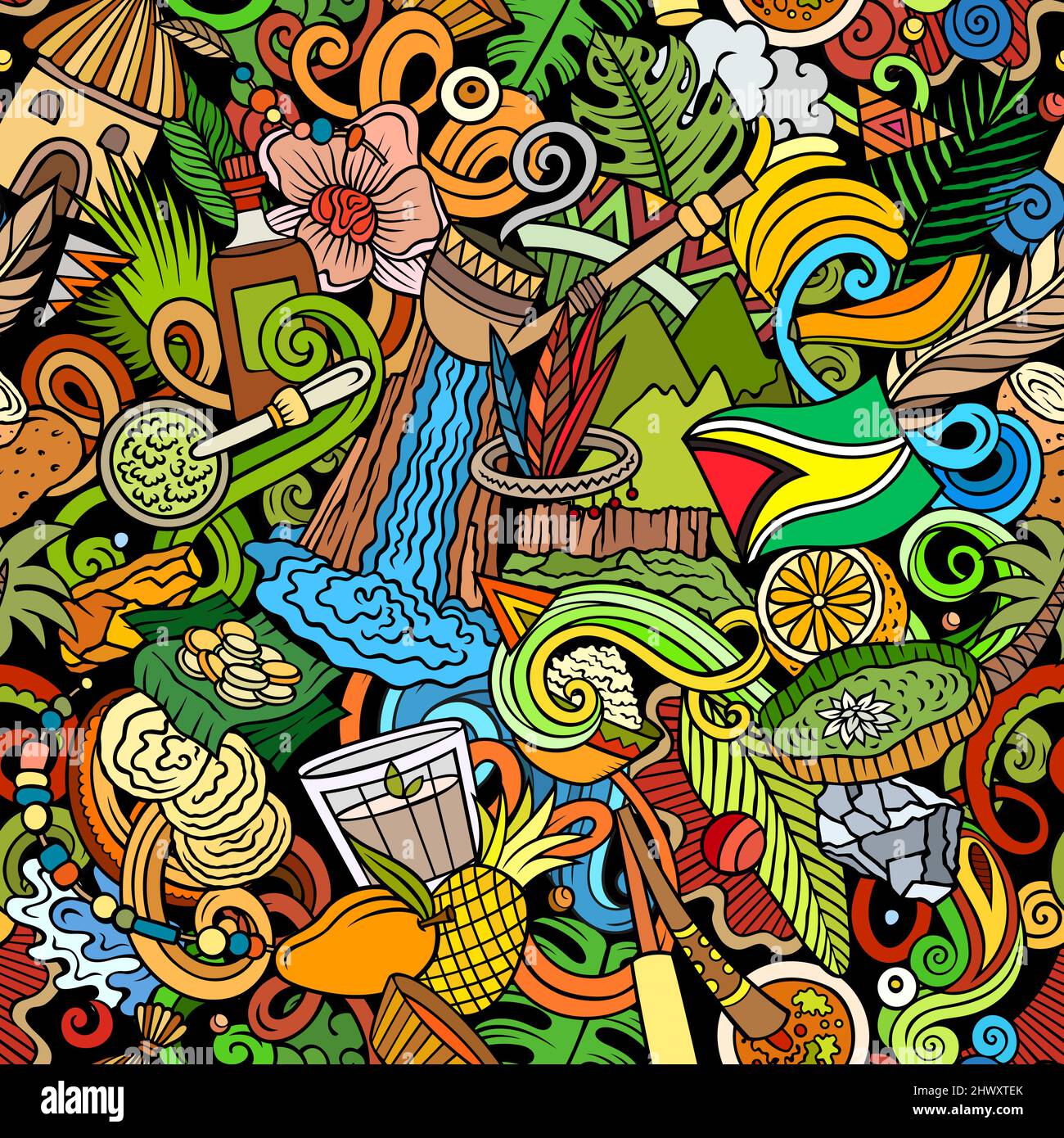 Cartoon doodles Guyana seamless pattern. Backdrop with local culture ...