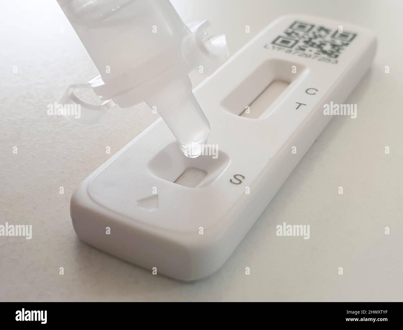 A covid swab sample in buffer solution is dropped onto the test ...