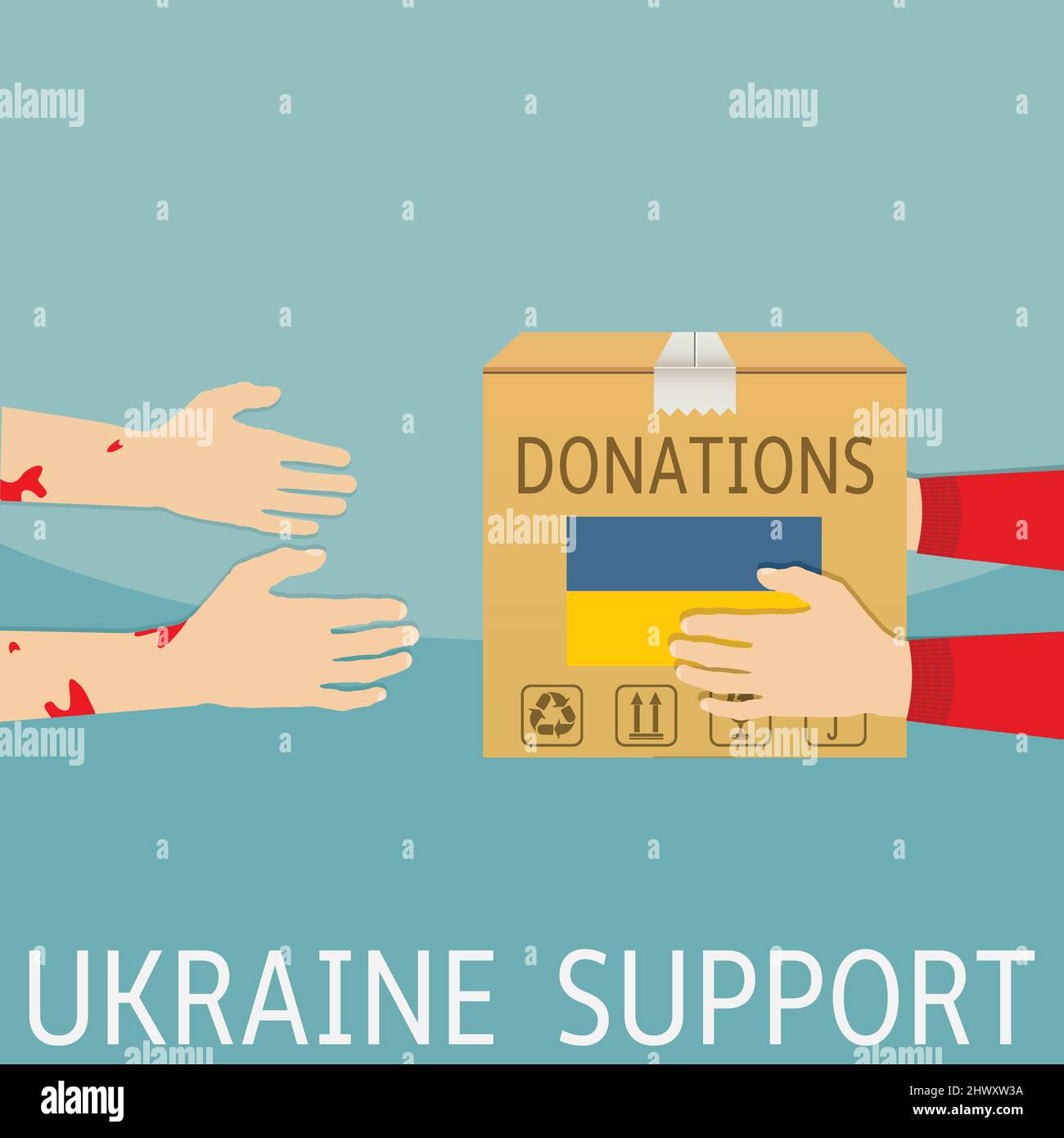 Ukraine support. Donation box passed from hand to hand. Flat design ...