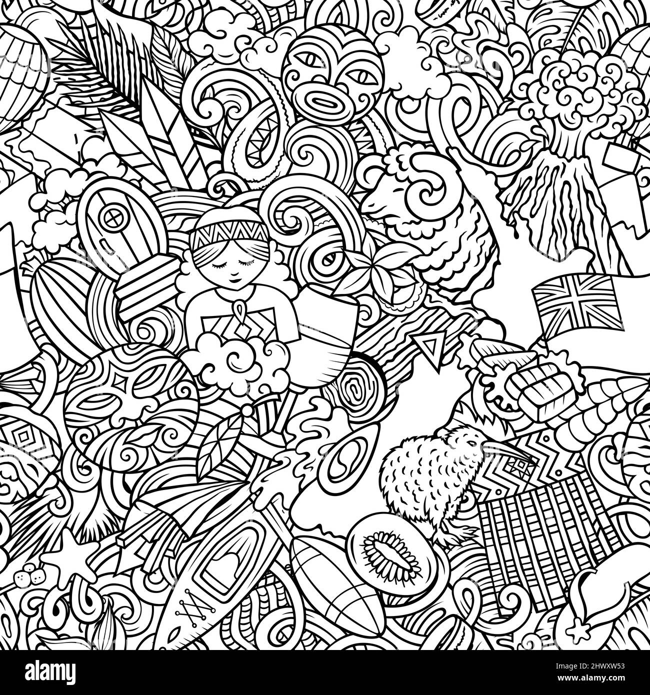 Cartoon doodles New Zealand seamless pattern. Backdrop with local ...