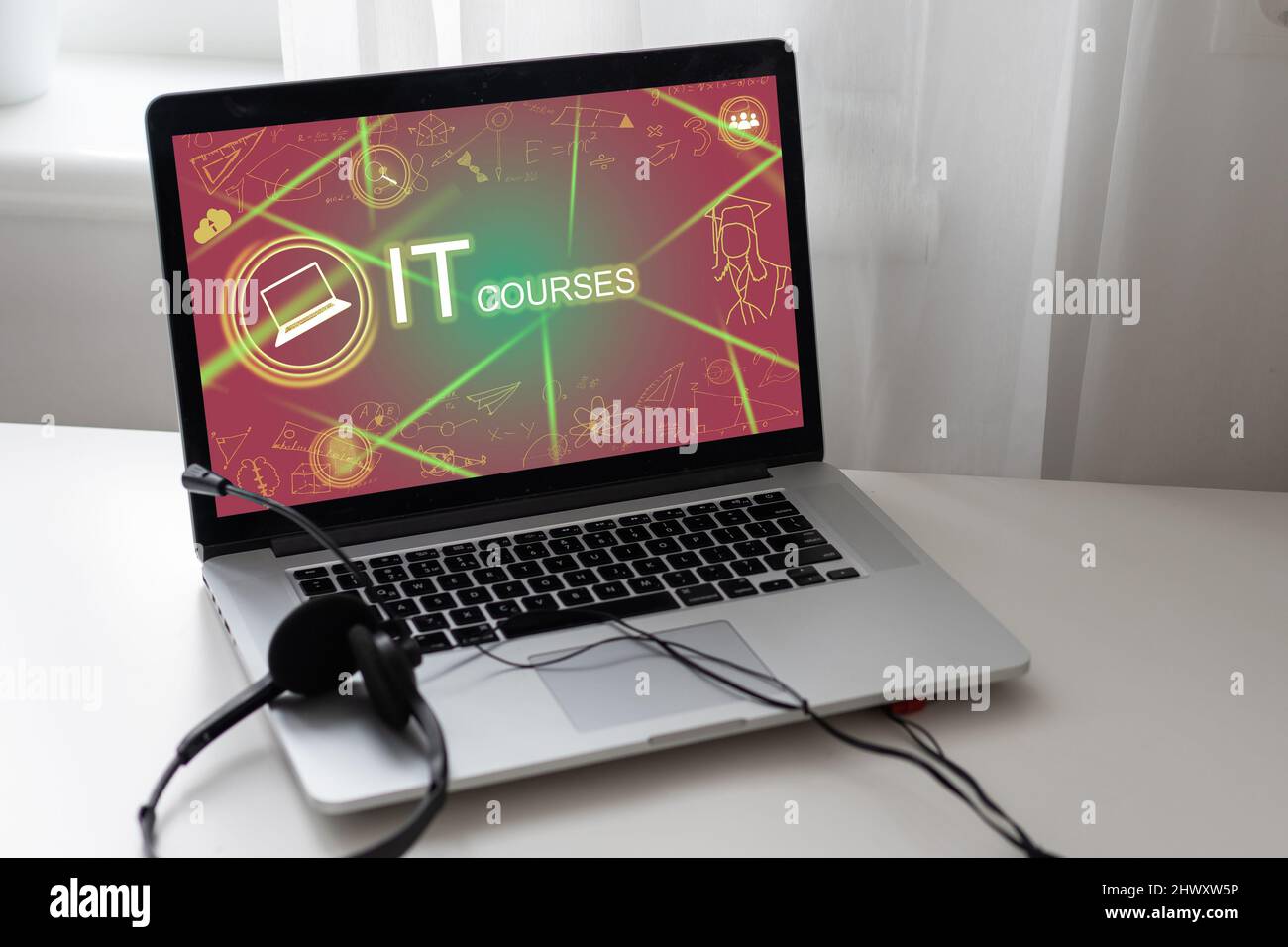 E learning concept. it online course via laptop and lecture on notepad ...