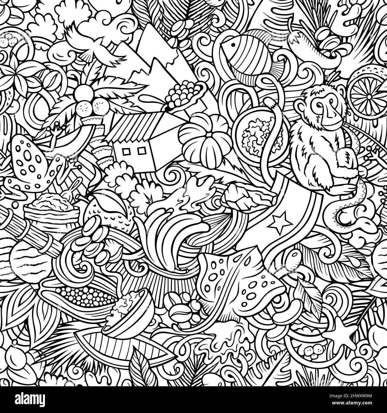 Cartoon doodles Suriname seamless pattern. Backdrop with Latin American ...