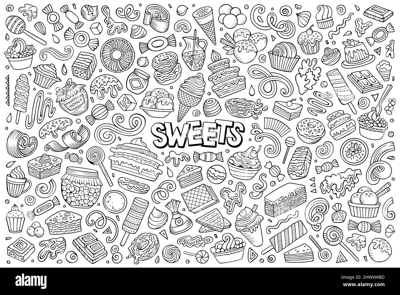 Line art vector hand drawn doodle cartoon set of Sweets theme items ...