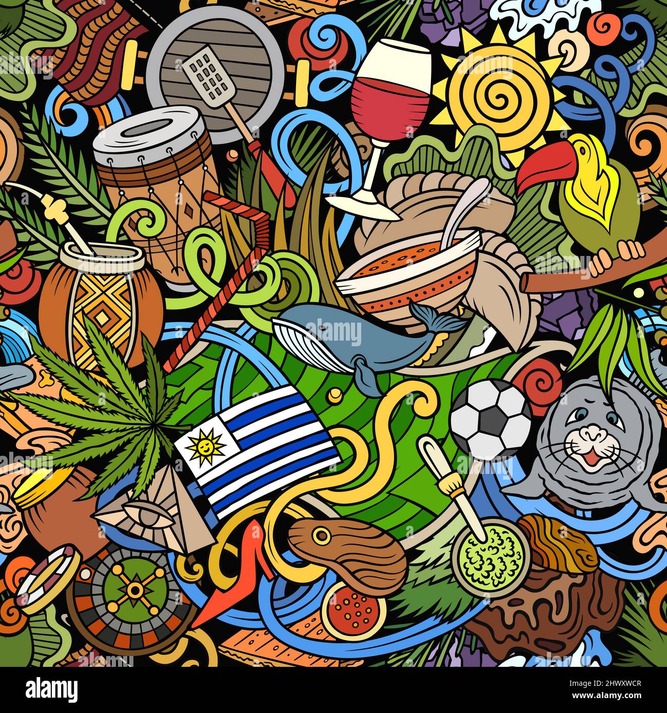 Cartoon doodles Uruguay seamless pattern. Backdrop with Latin American ...