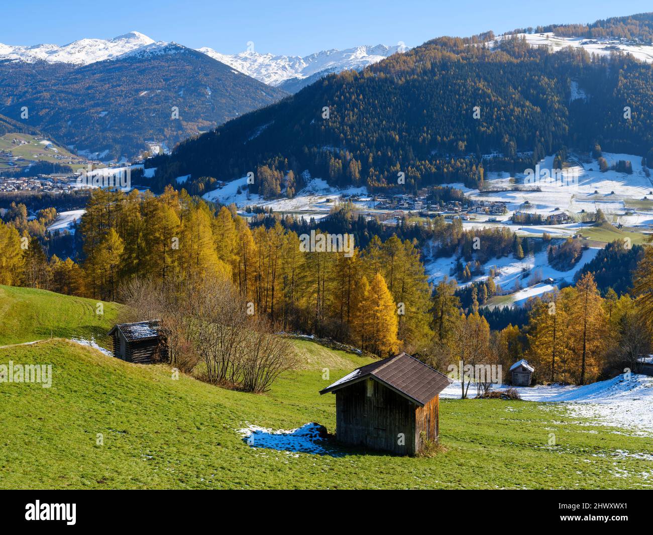 View twoards Wipptal (valley Wipp) and the Brenner motorway. Autumn at ...