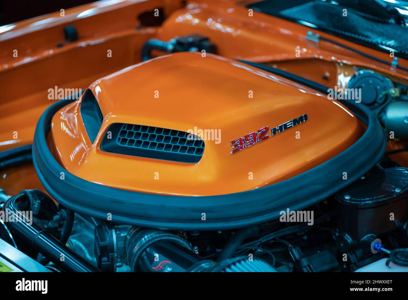 DETROIT, MI/USA - March 4, 2022: Close-up of a 1971 Dodge Demon Hemi ...