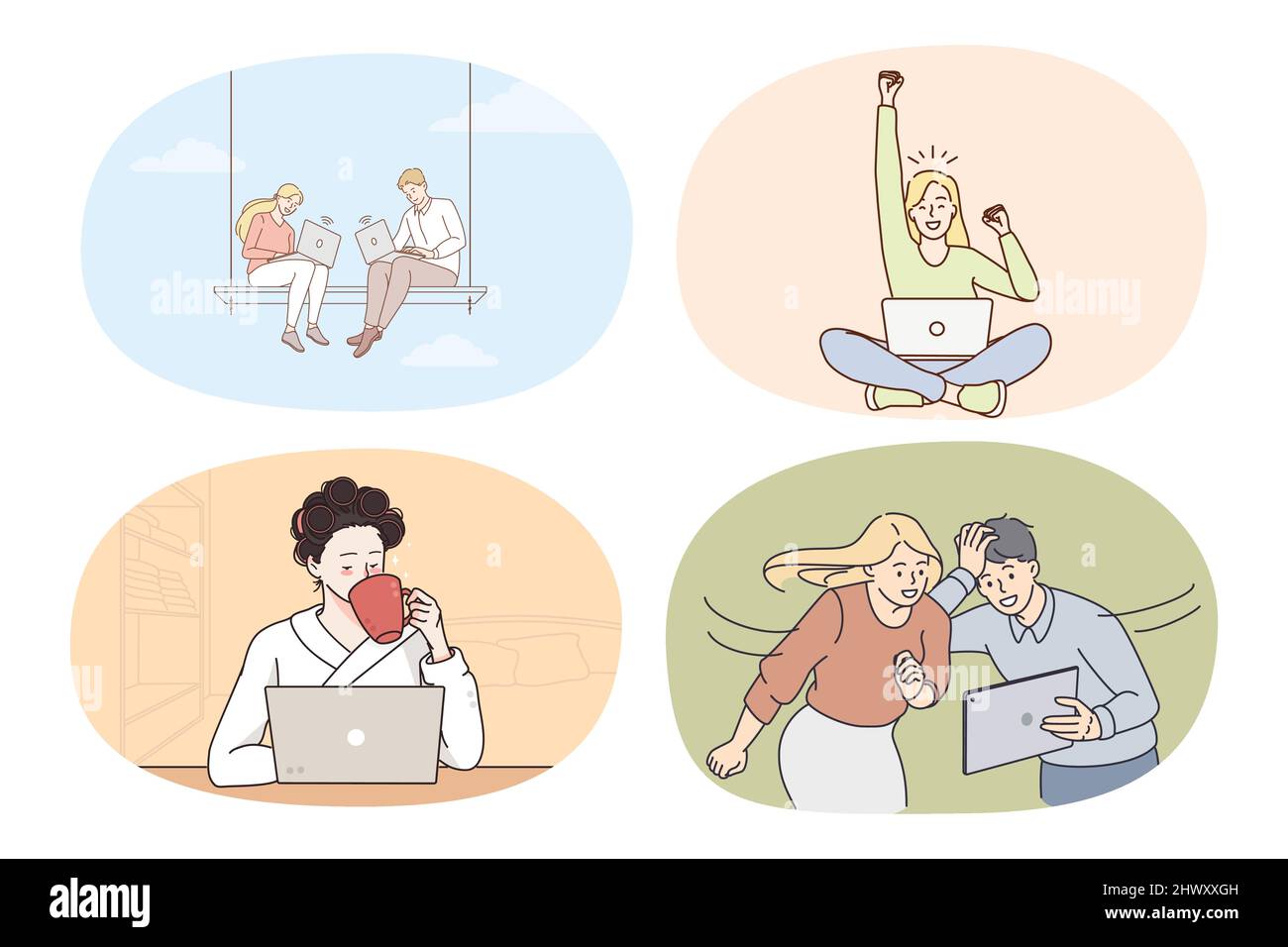 Set of diverse people use computers browse surf internet on gadget ...