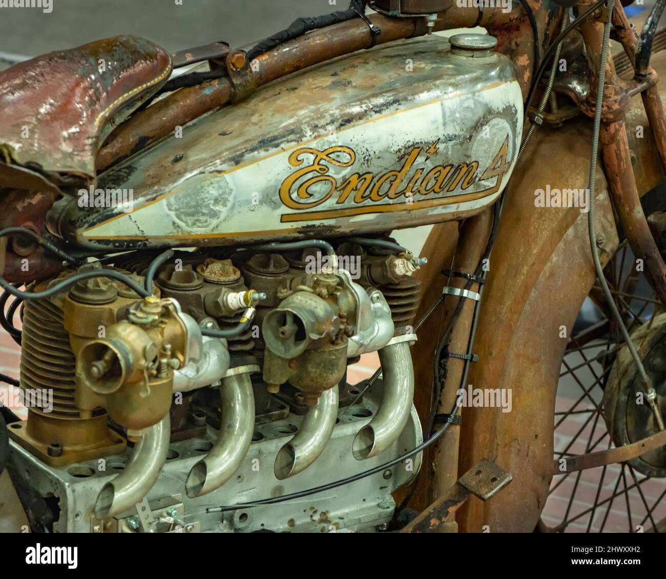 DETROIT, MI/USA - March 5, 2022: Close-up of a 1929 Indian 4 motorcycle ...