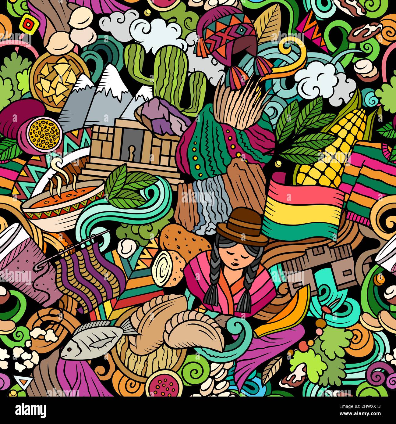 Cartoon doodles Bolivia seamless pattern. Backdrop with Bolivian ...