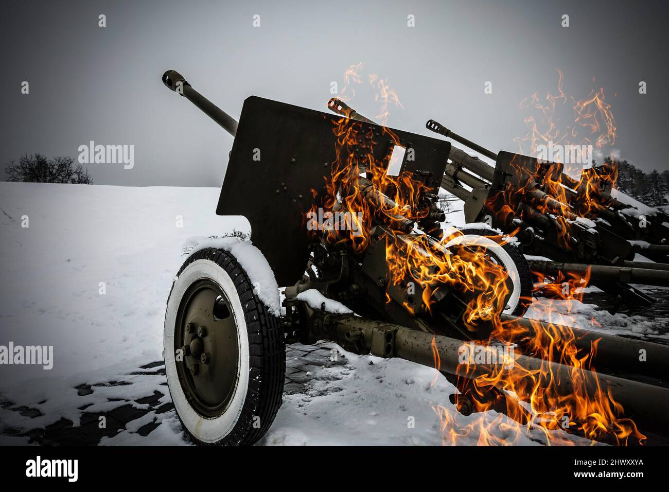 Military anti-aircraft guns fire understated Stock Photo - Alamy
