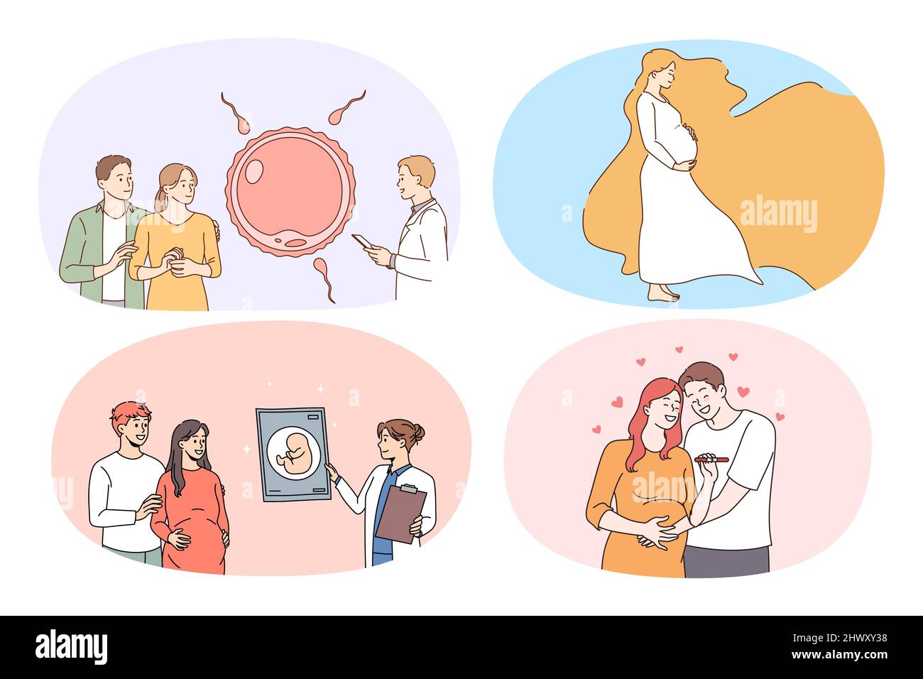 Set of happy woman pregnant with baby. Collection of family growing ...