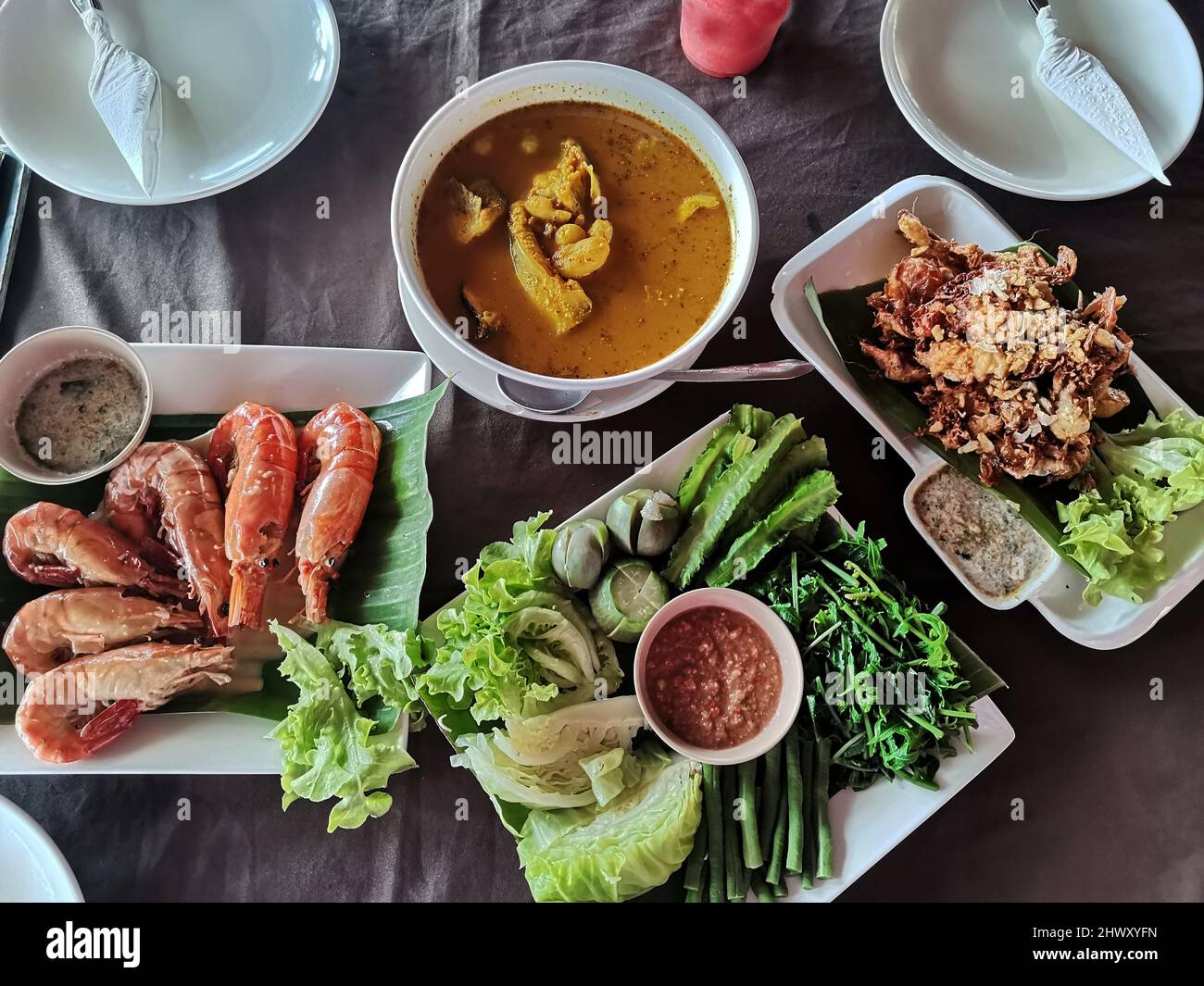 Thai chef cooking food fusion traditional local southern thai food set ...