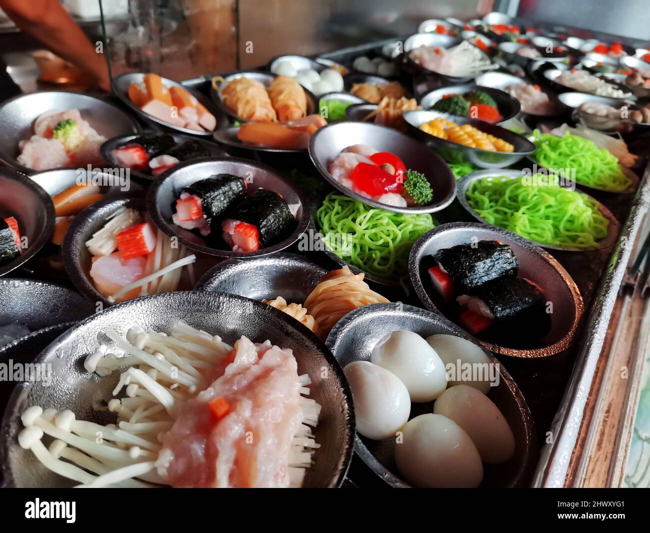 Many variety dim sum and dumplings and chinese stuffed bun on ice for ...