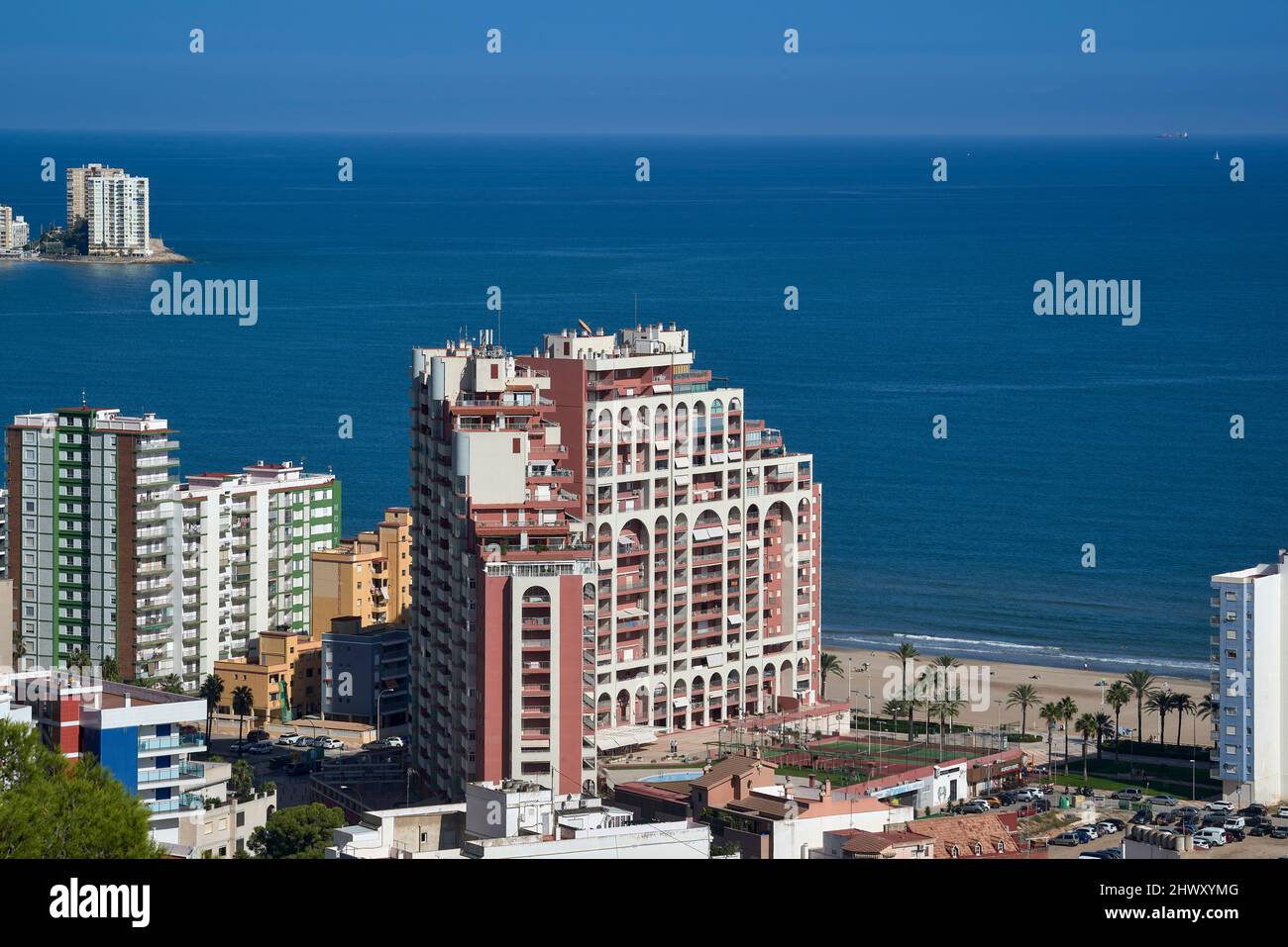 Aerial view of the tourist city of Cullera in the province of Valencia ...