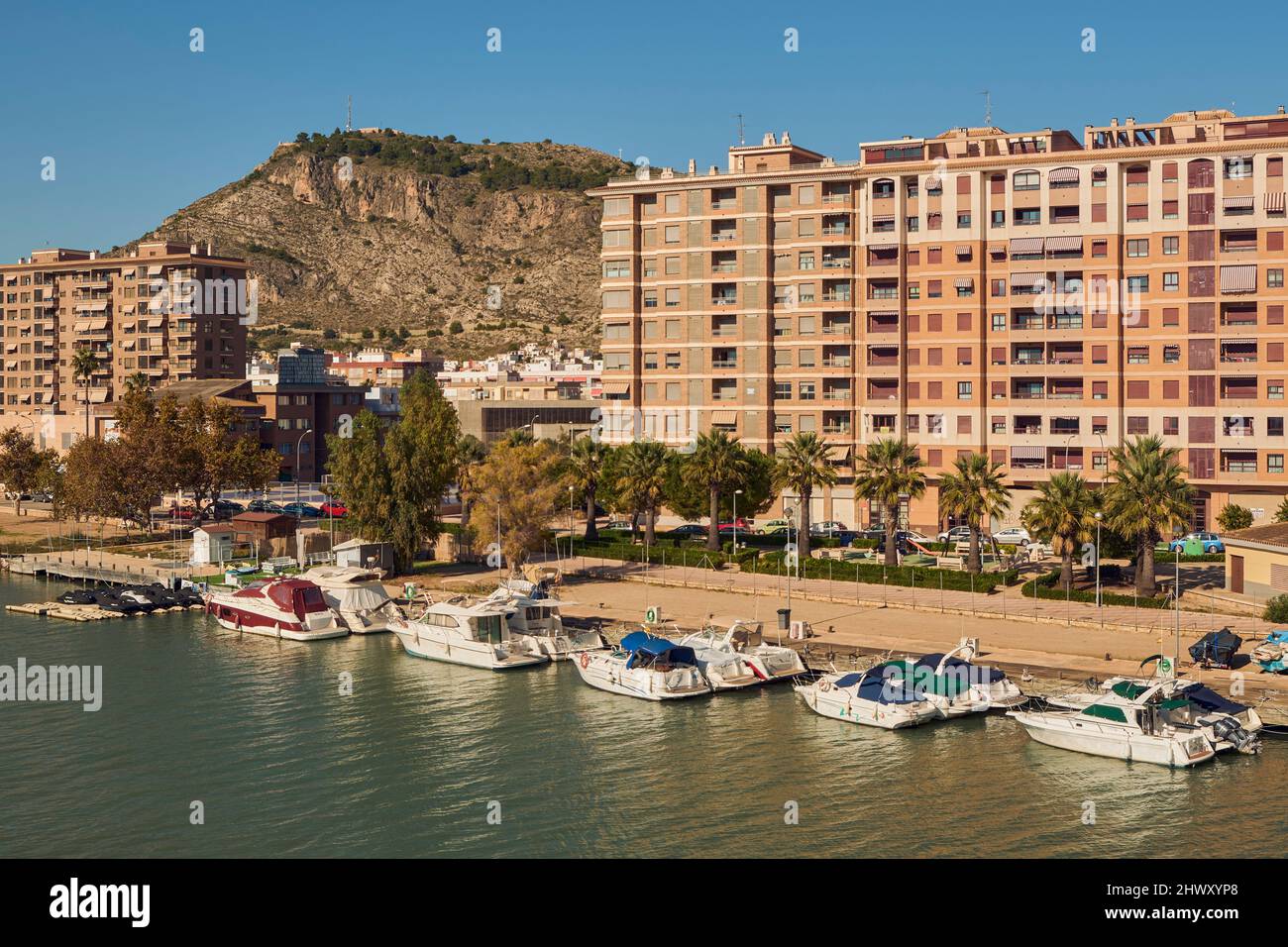 boats at the mouth of the Jucar river in Cullera, Valencia, Spain Stock ...