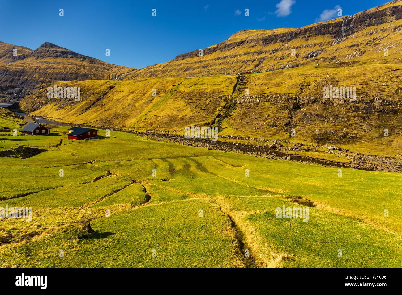 Mountain landscape in Osin Bay on Streymoy Island, part of the volcanic ...