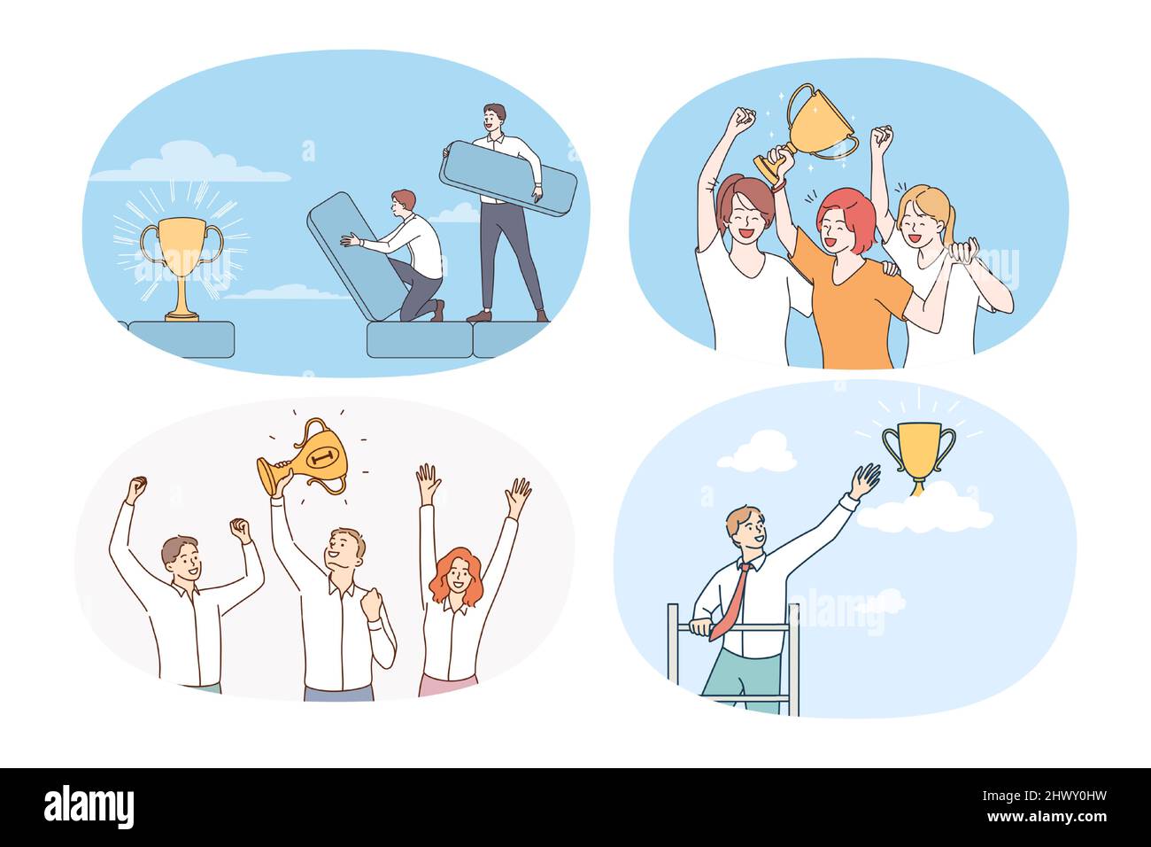 Set of excited diverse businesspeople win award celebrate shared ...