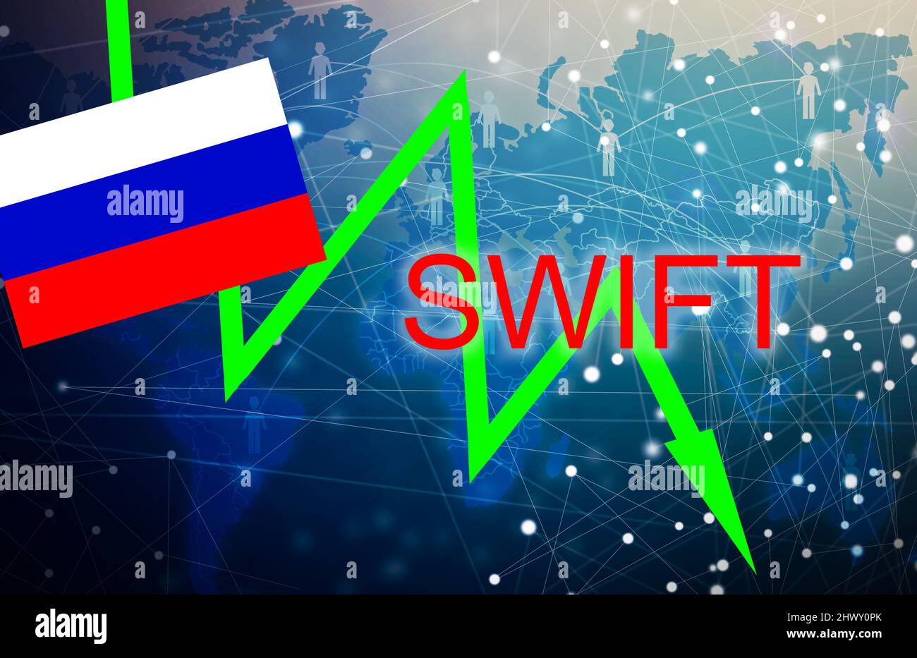 SWIFT financial system logo on screen behind barbed wire on background ...