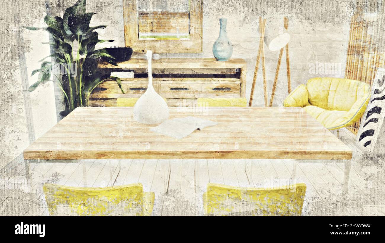 Modern beautiful interior of the room with colored walls, large windows ...