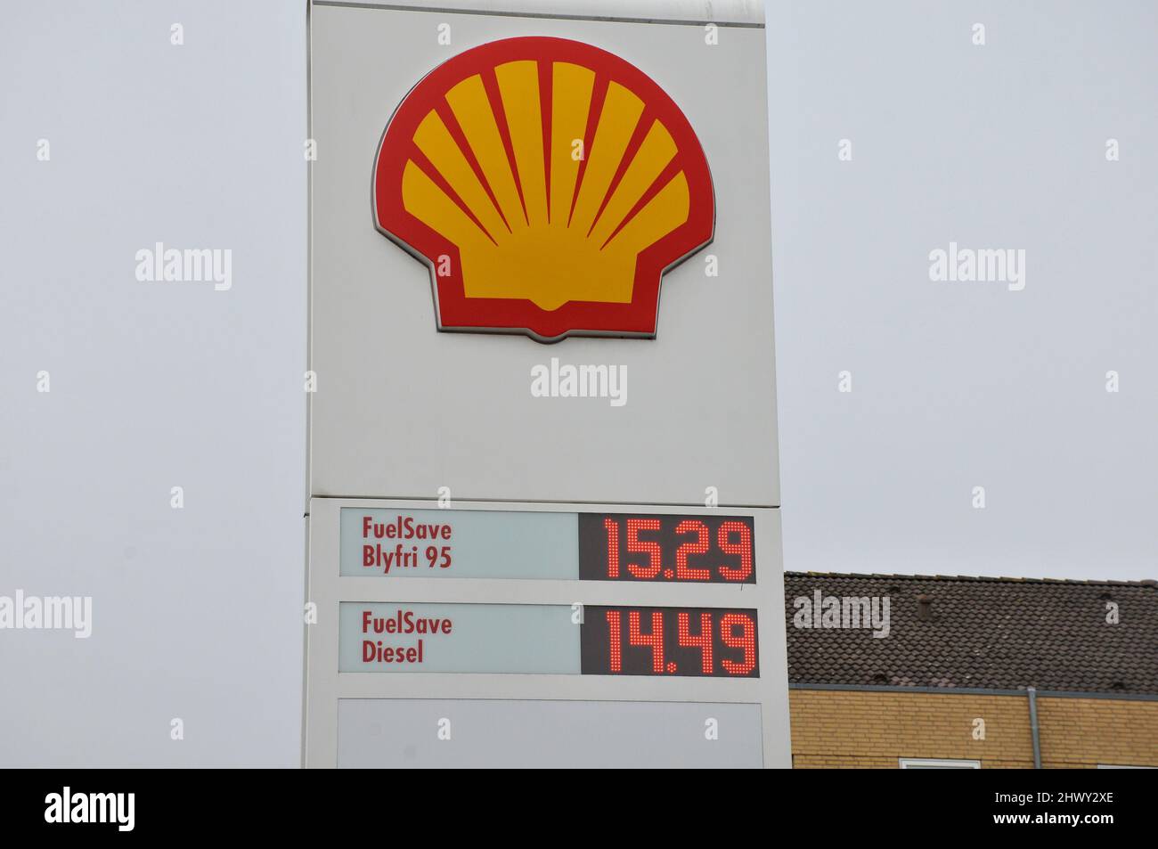 Copenhagen/Denmark.08..March 2022/.Shell gaslonine or petrol price are ...