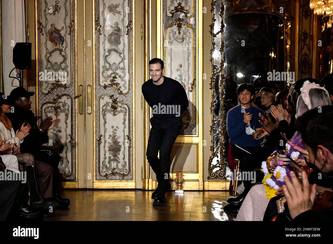 Designer Kevin Germanier walks on the runway at the Germanier fashion ...
