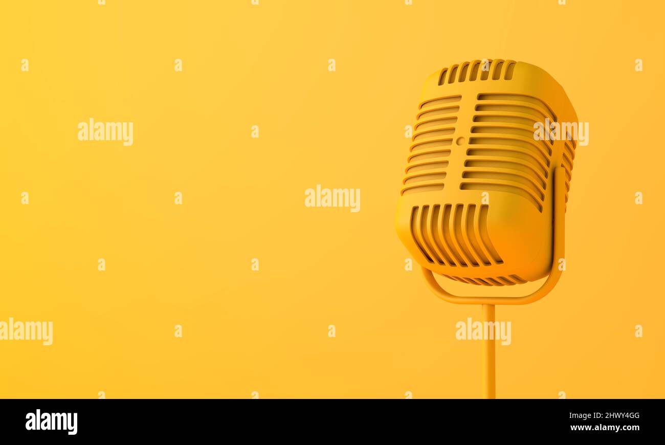 Vintage style microphone against a plain bright yellow background. 3D ...