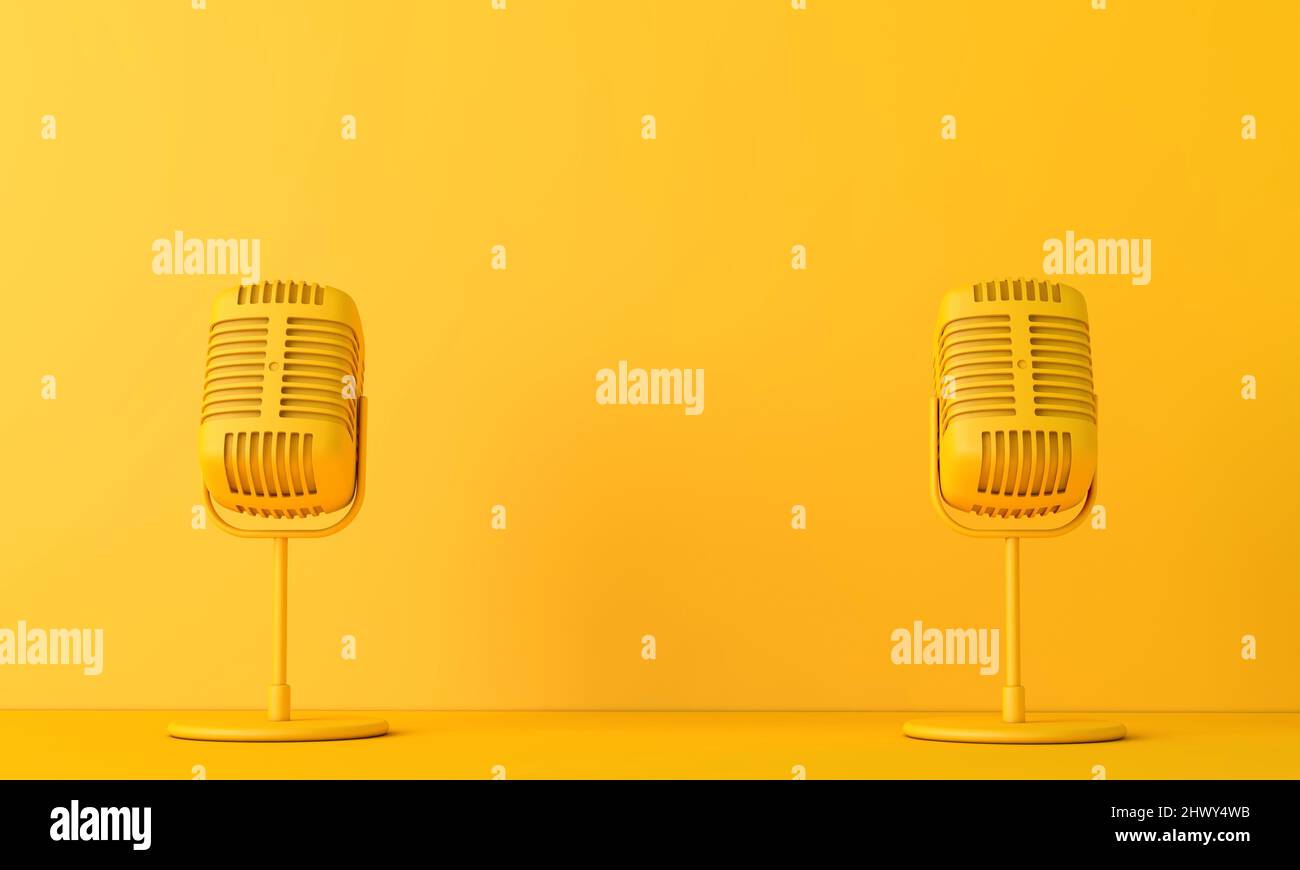 Vintage style microphone against a plain bright yellow background. 3D ...