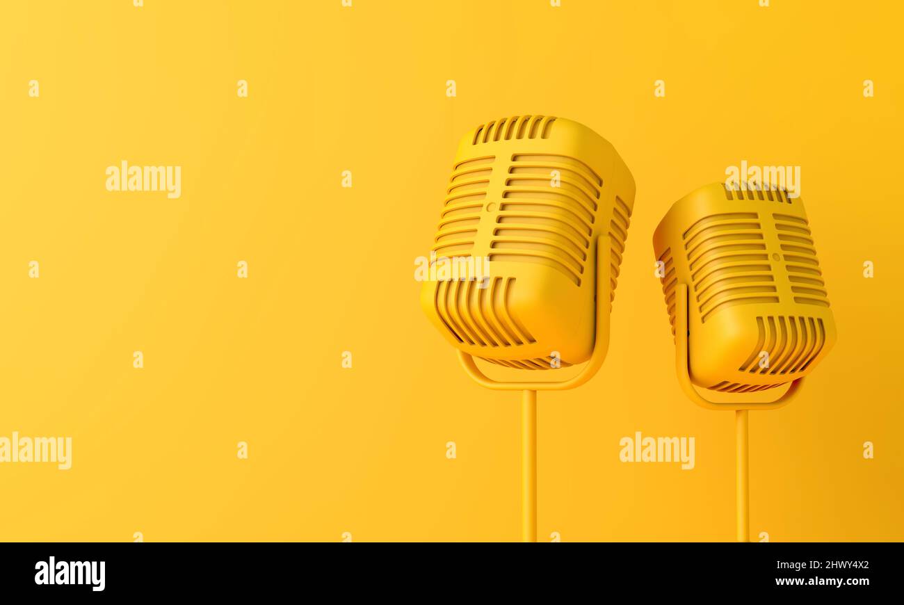 Vintage style microphone against a plain bright yellow background. 3D ...