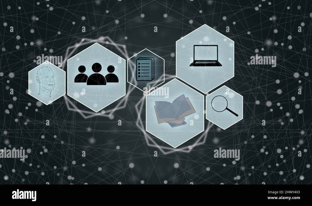 desktop at office interior, blue glowing information protection icons ...