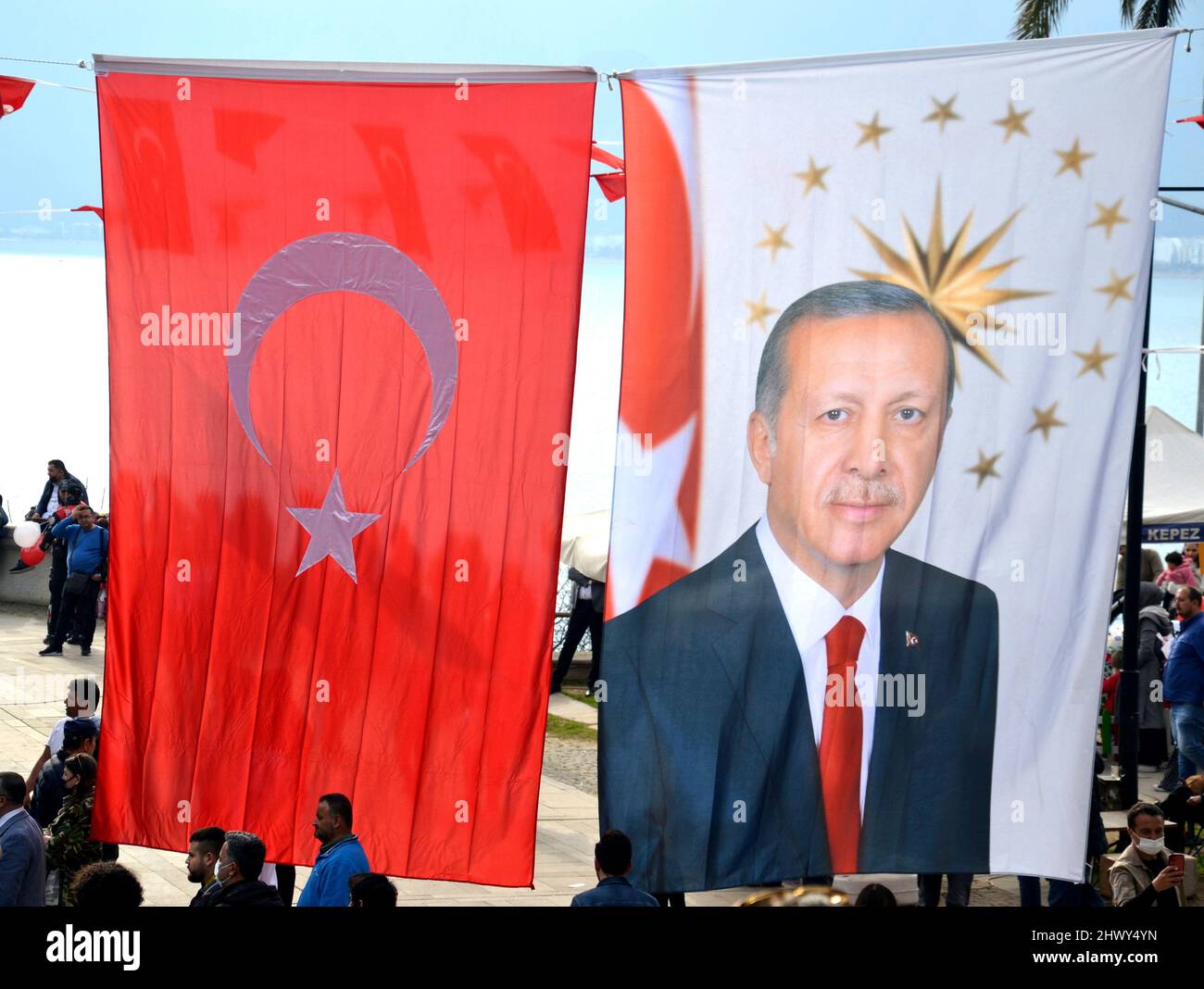 A Turkish flag alongside a flag featuring Recep Tayyip Erdoğan, 12th ...