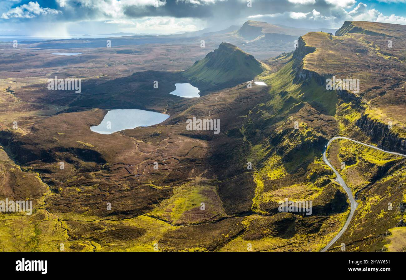 Aerial view from drone of Trotternish Ridge from the Quiraing in the ...