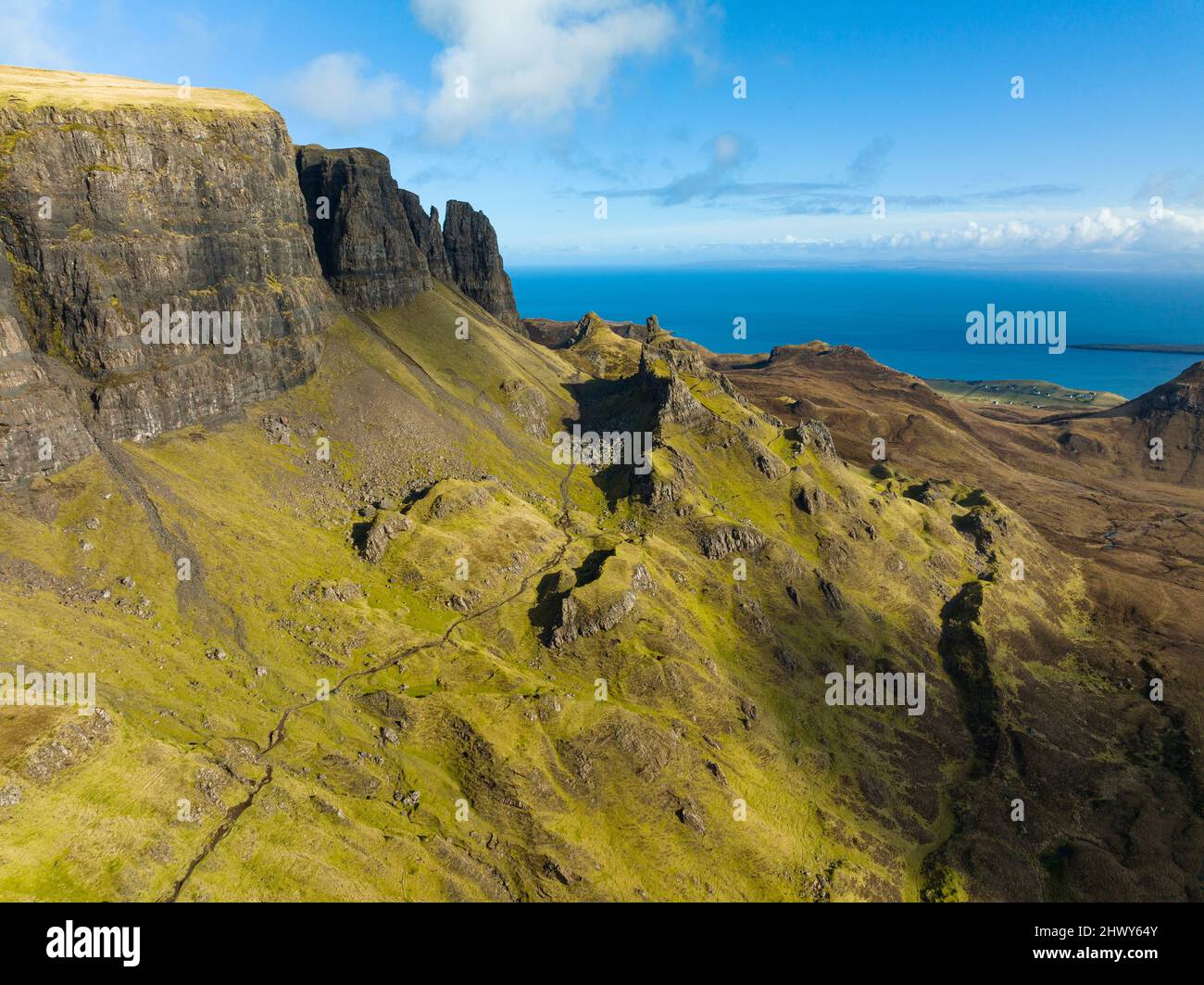 Aerial view from drone of Trotternish Ridge from the Quiraing in the ...