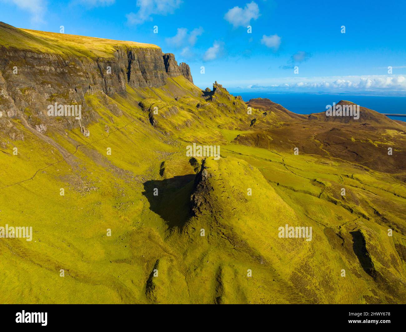 Aerial view from drone of Trotternish Ridge from the Quiraing in the ...