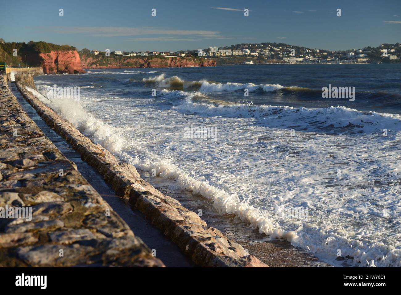 Foaming high tide along Preston seawall at Paignton, South Devon ...