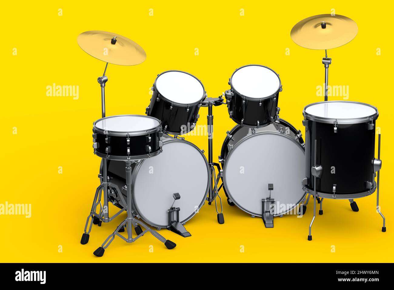 Set of realistic drums with metal cymbals on yellow background. 3d ...