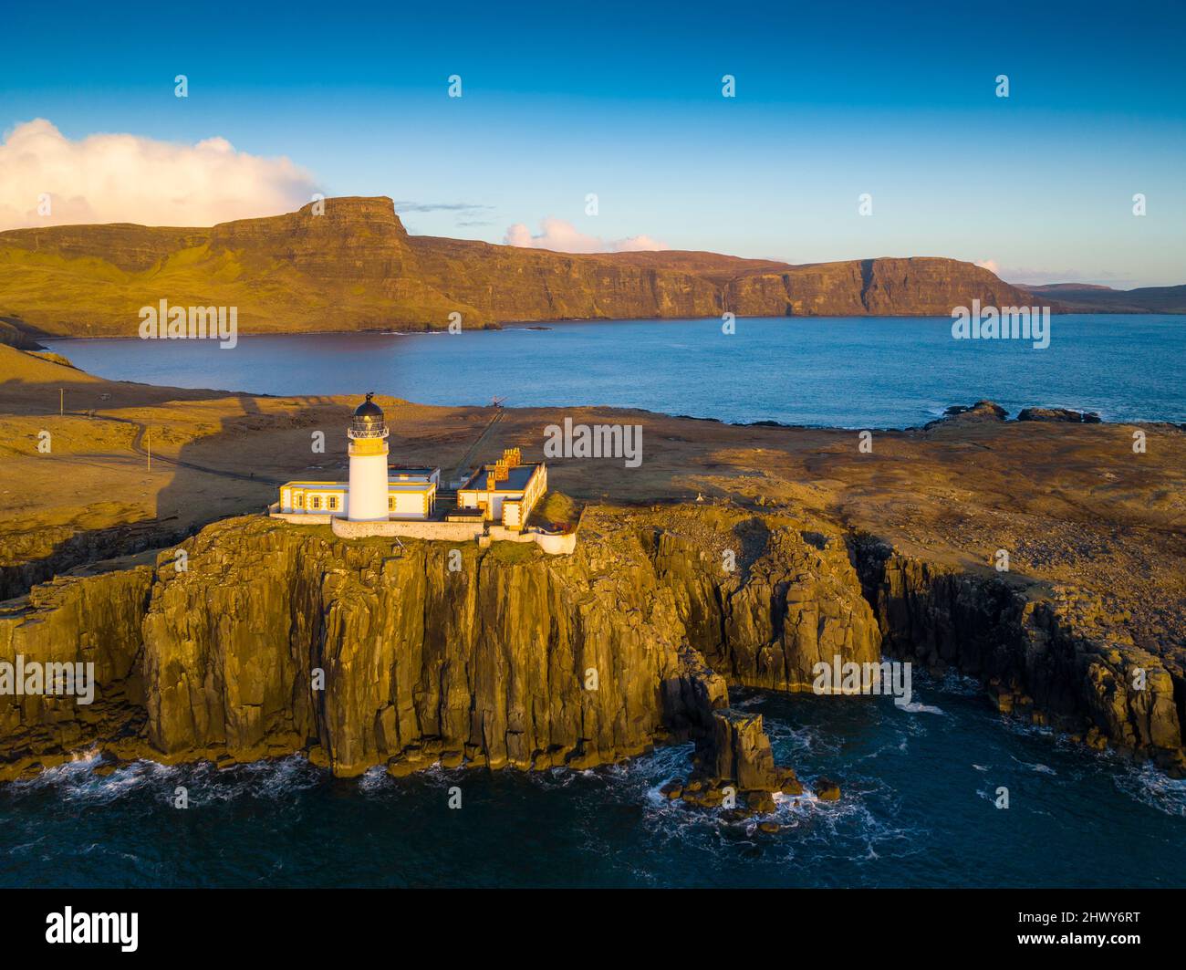 Aerial view from drone of Neist Point Lighthouse on the Isle of Skye ...