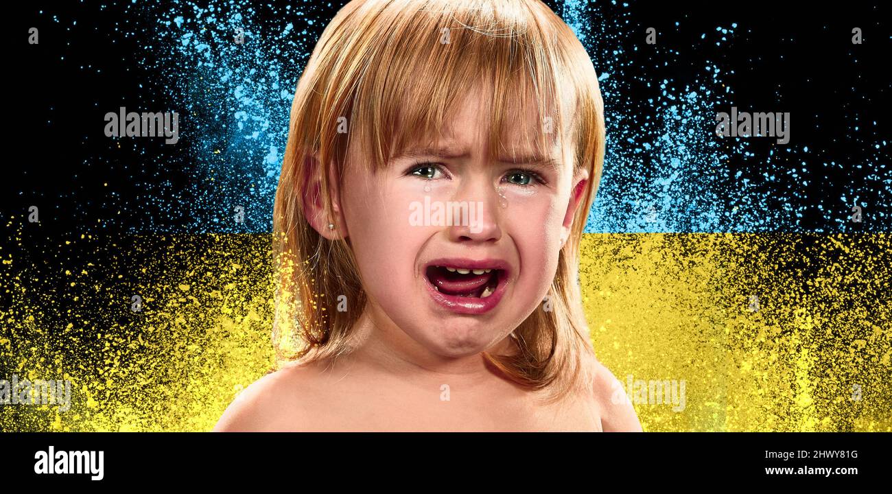 Conceptual collage with crying little kid shouting, asking for help ...