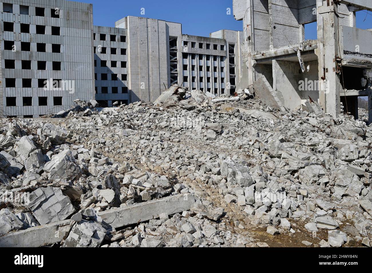 The remains of the destroyed building of a large industrial facility ...