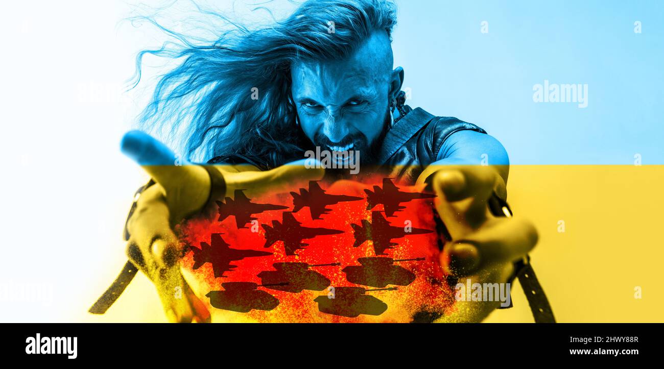 Conceptual collage with strong courage man, warrior protect Ukraine ...