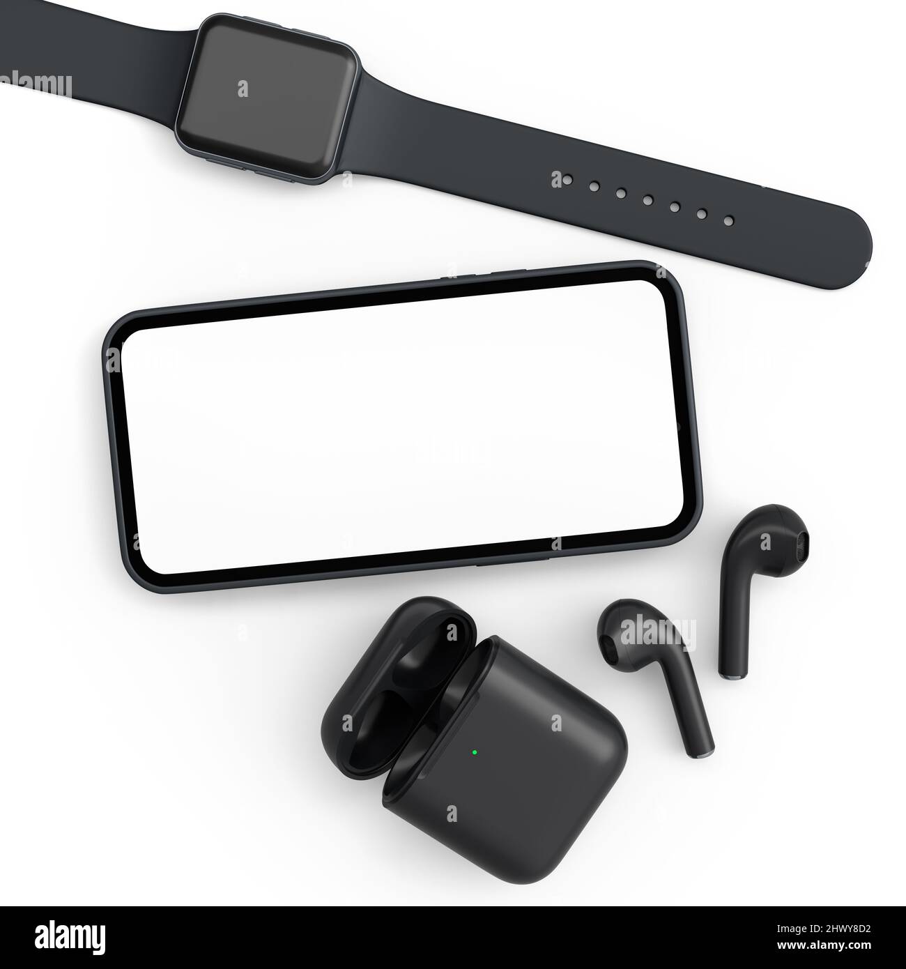 Mobile phone with smart watches and wireless headphones on white ...