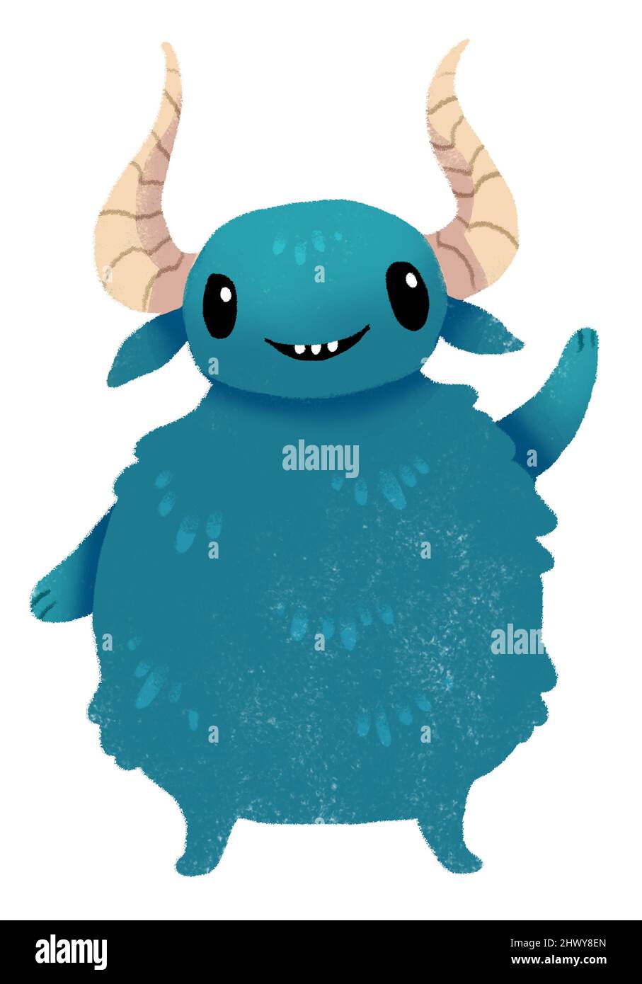 Cute cartoon horned fluffy blue monster. Funny character children ...