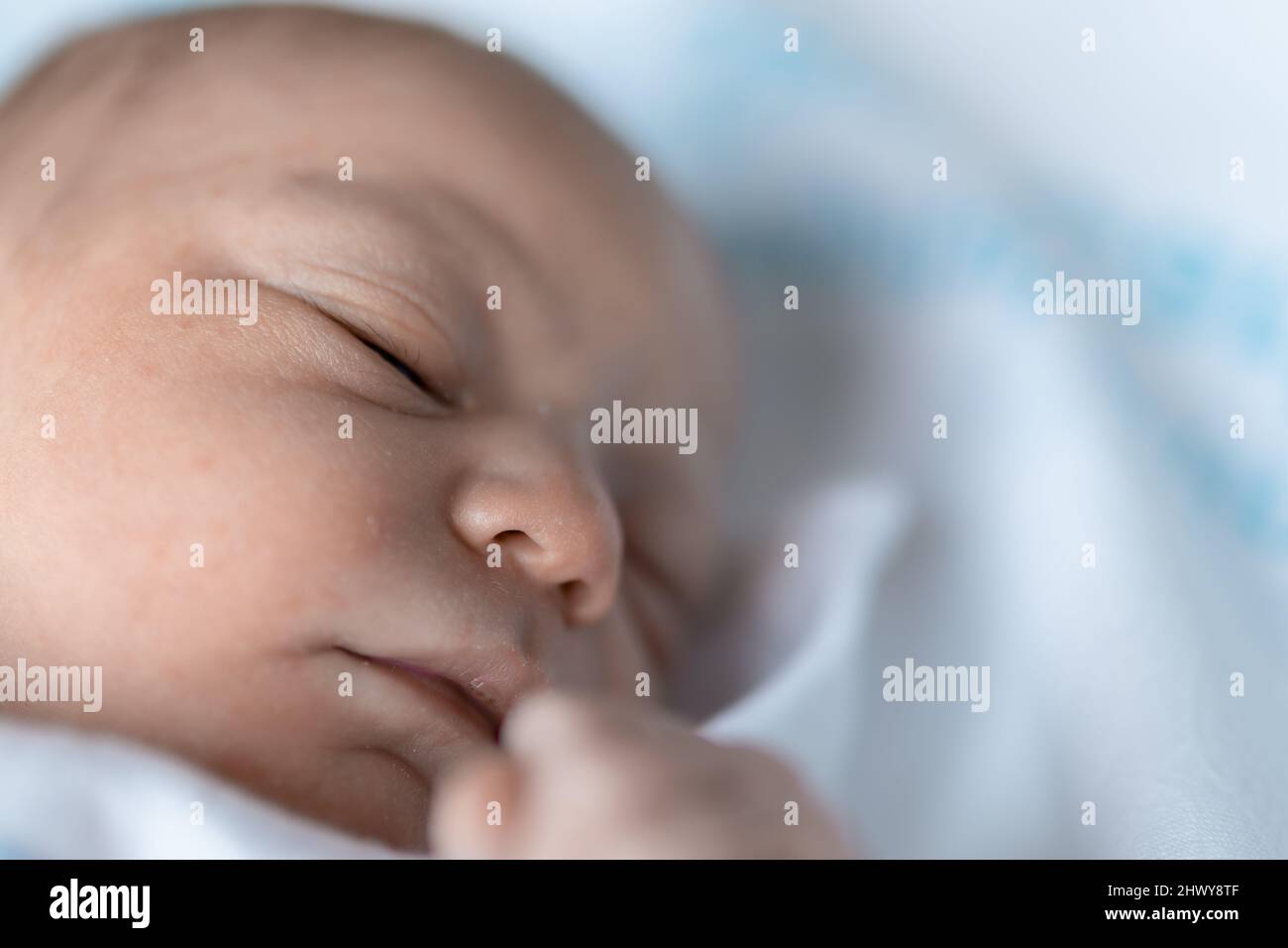 portrait of the face and small hand of a sleeping newborn baby with ...