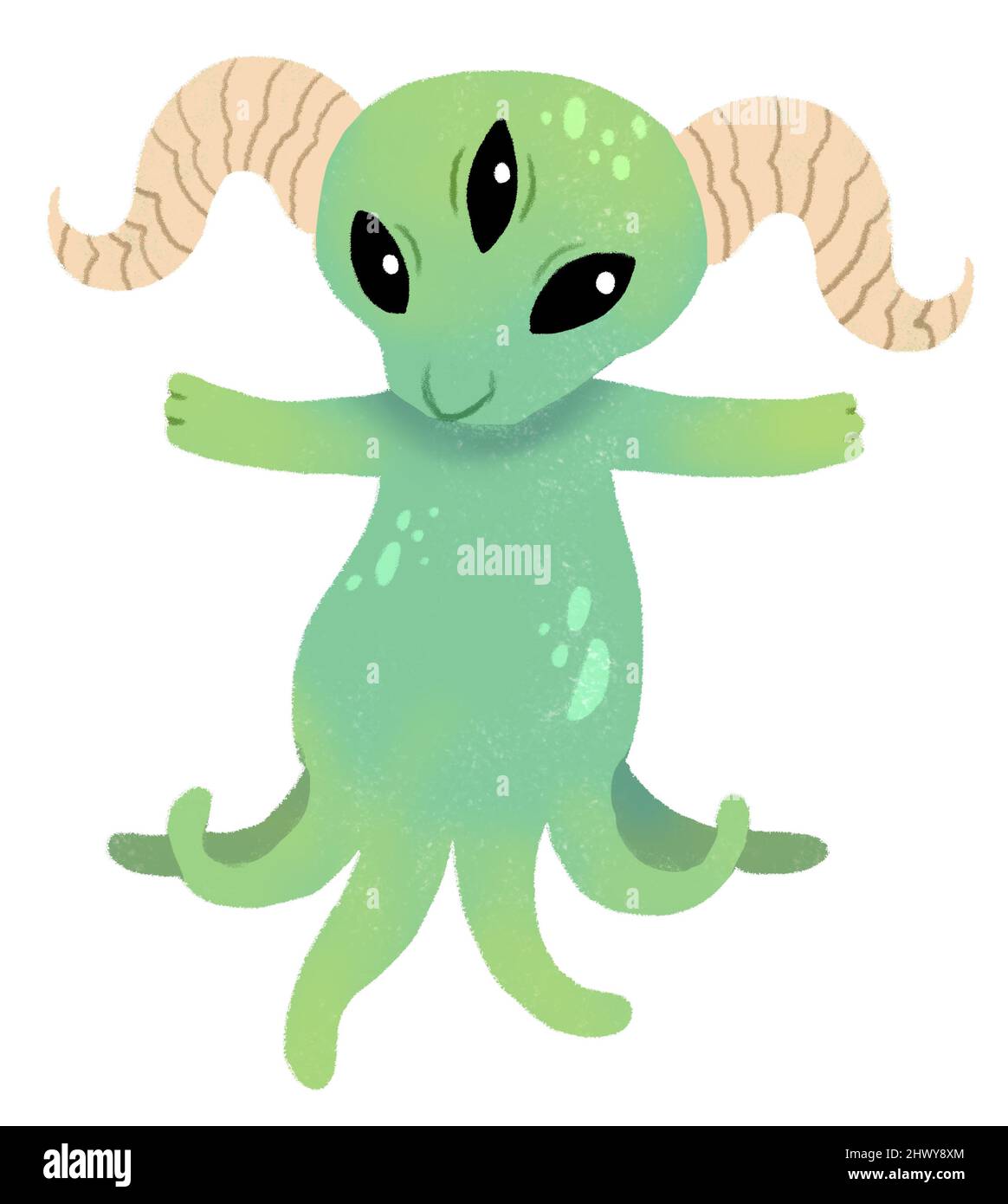 Cute cartoon green three eyed monster with horns. Funny character ...