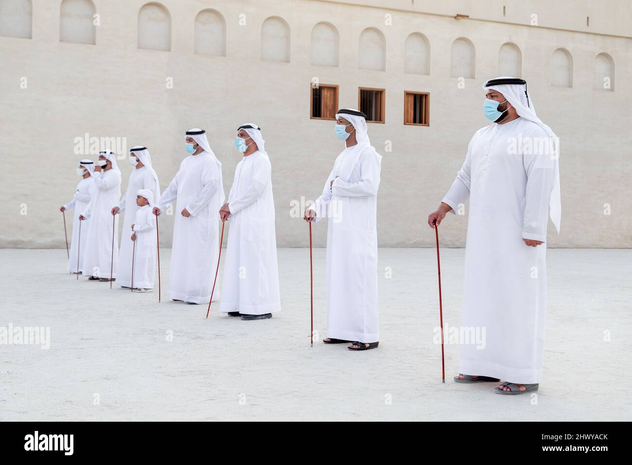 ABU DHABI, UAE - MAY 14, 2021: Traditional Emirati male Al Ayalah dance ...