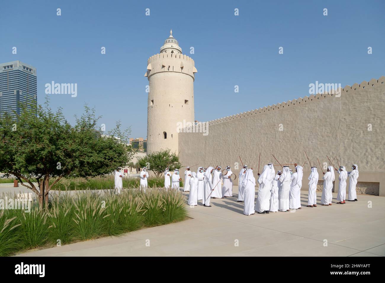 ABU DHABI, UAE - MAY 14, 2021: Traditional Emirati male Al Ayalah dance ...