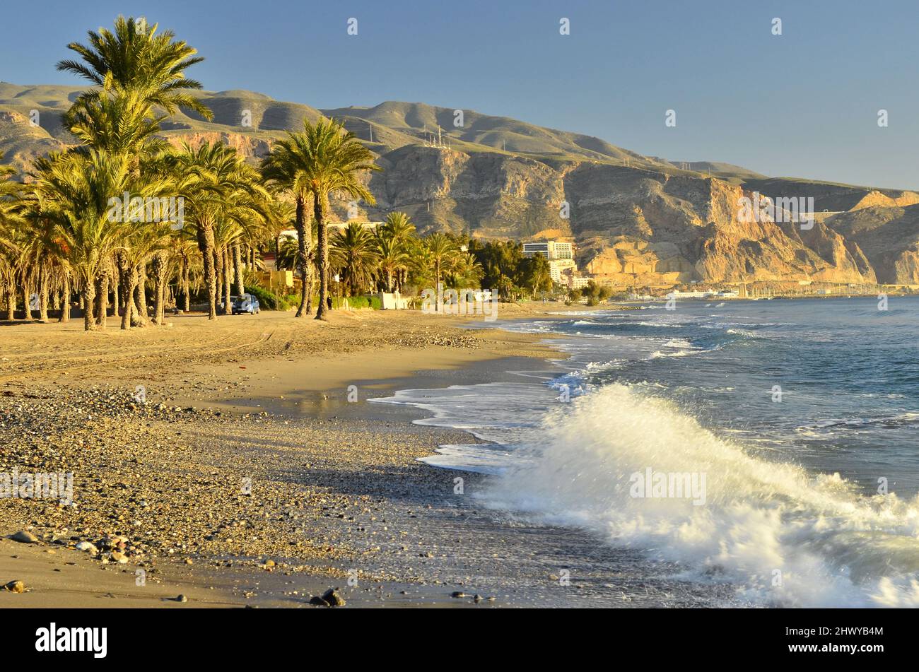 Playa de los Bajos beach with Sierra de Gador arid mountains in ...