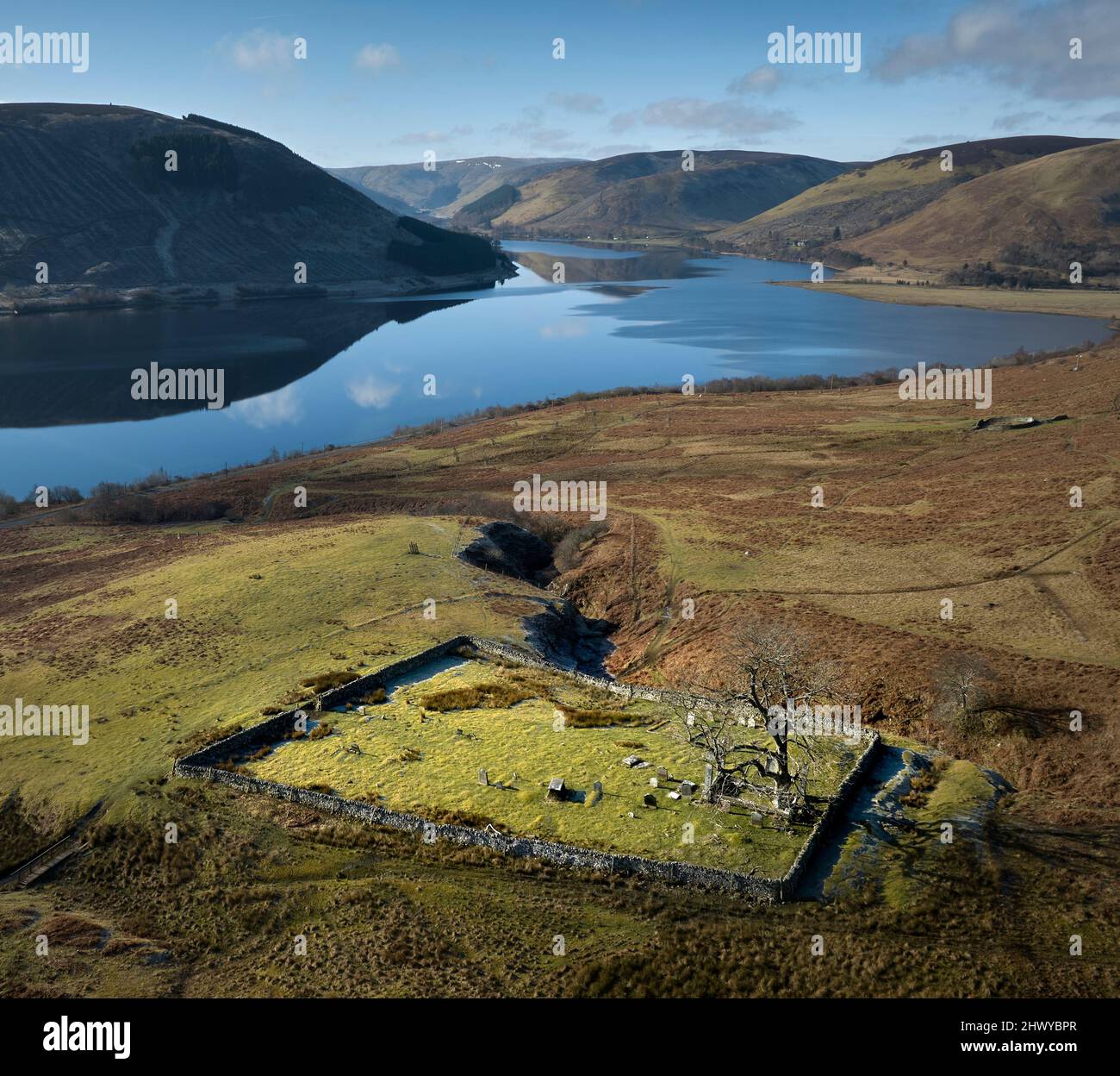 Aerial view of St. Mary's Kirkyard by St.Mary's Loch in the Scottish ...