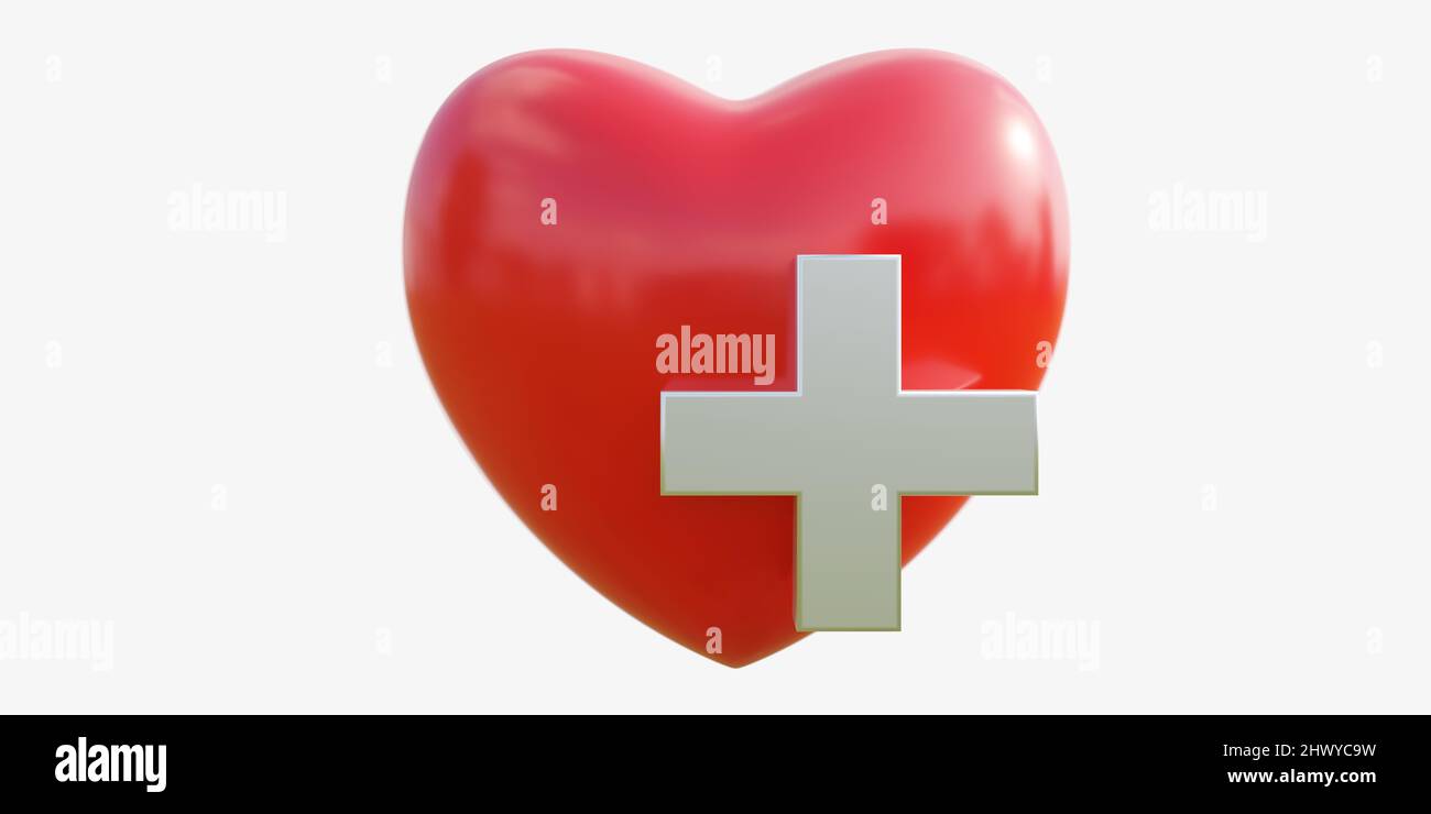 Red Color Heart Shape with white cross on, isolated cutout on white ...