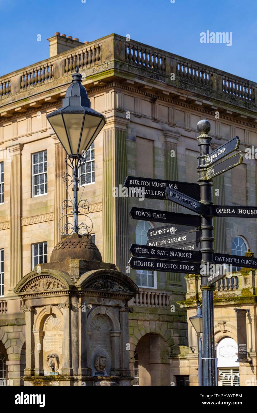 Direction sign near the Crescent Buildings in the Spa Town of Buxton in ...